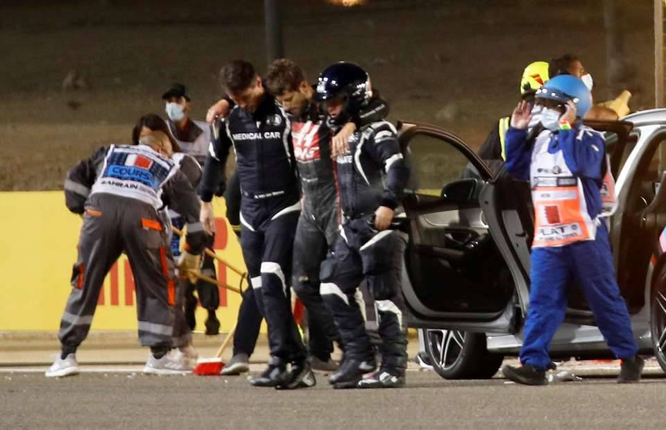 Romain Grosjean crash: Haas driver's helmet visor melted during Bahrain ...