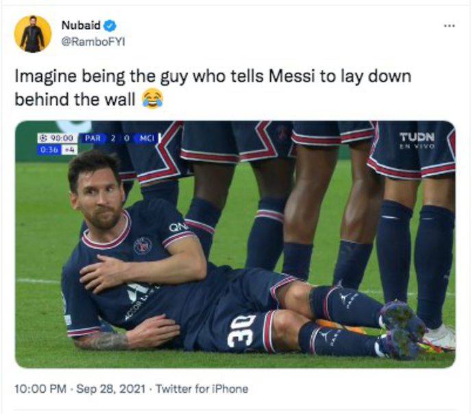 Lionel Messi lays down behind PSG wall for Man City free-kick in ...