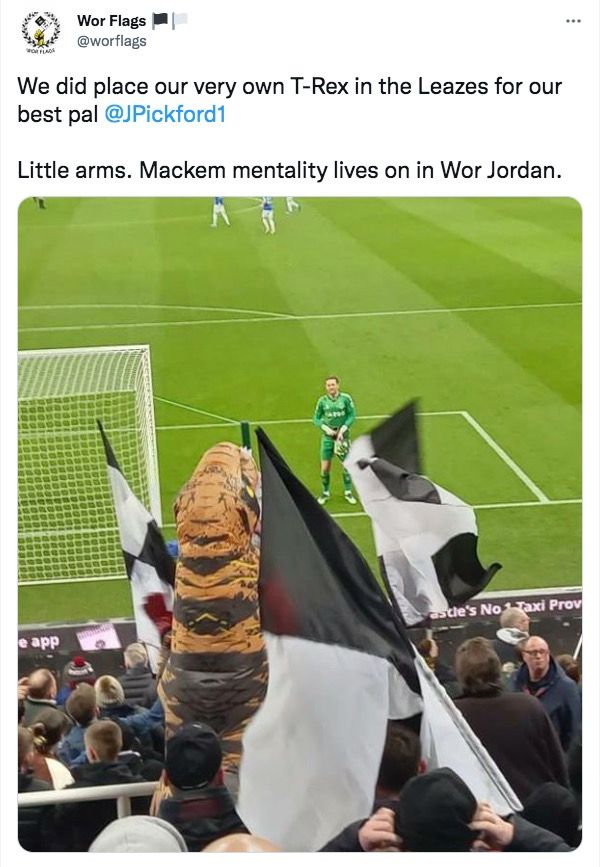 Jordan Pickford mocked by Newcastle fan who dressed up as a dinosaur