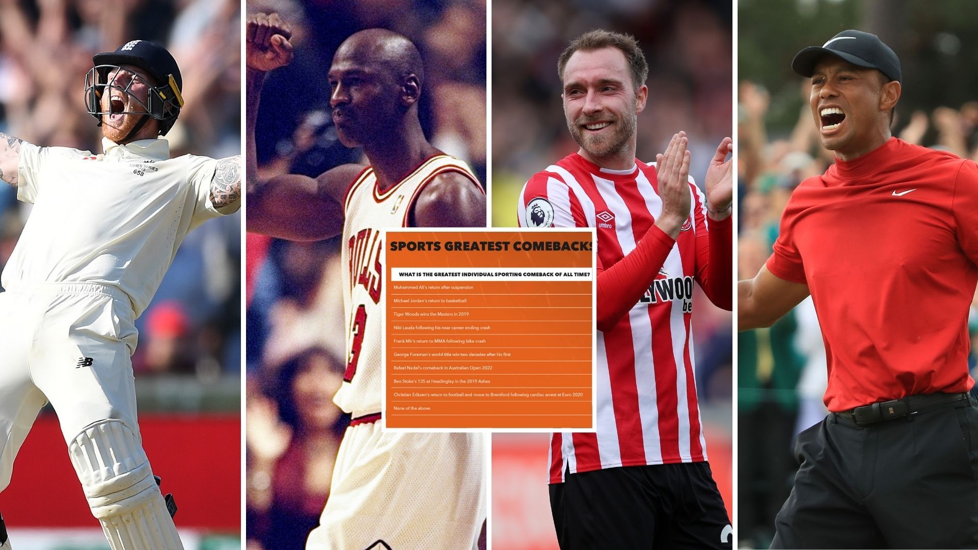 Sport's greatest comebacks, featuring Eriksen, Jordan, Woods & Nadal