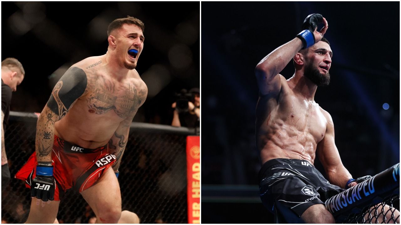 UFC 273: Tom Aspinall celebrates after Khamzat Chimaev fails to break ...