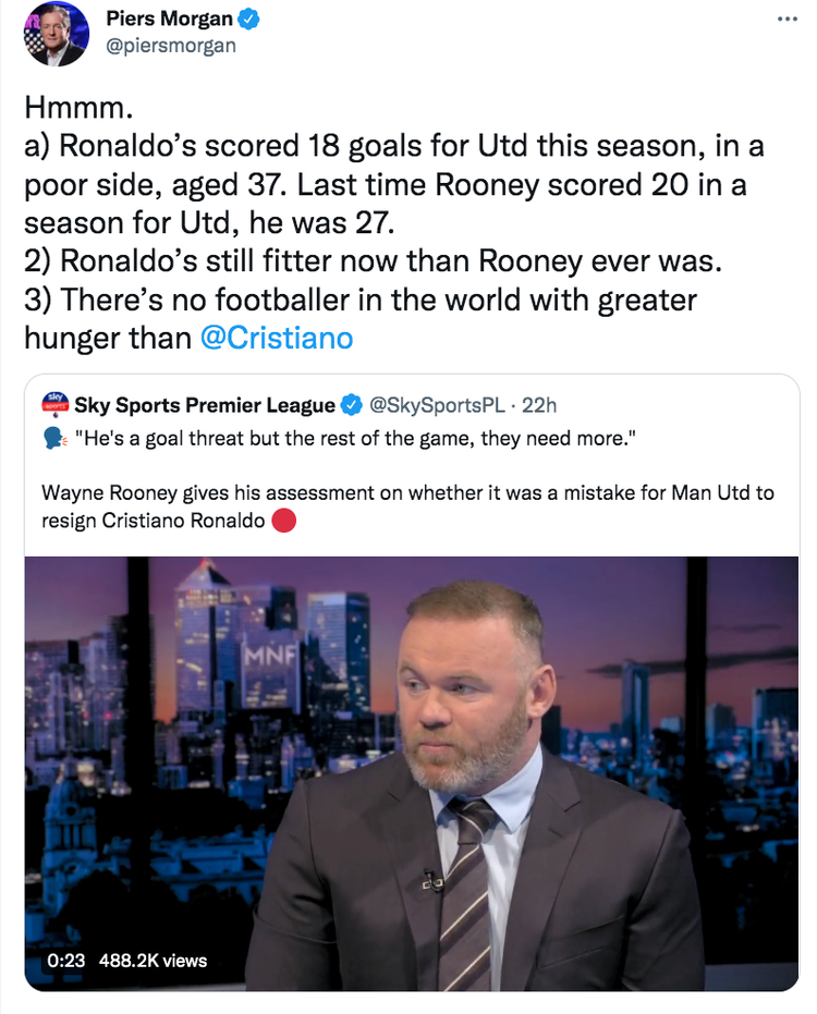 Piers Morgan hits out after Wayne Rooney slates Cristiano Ronaldo