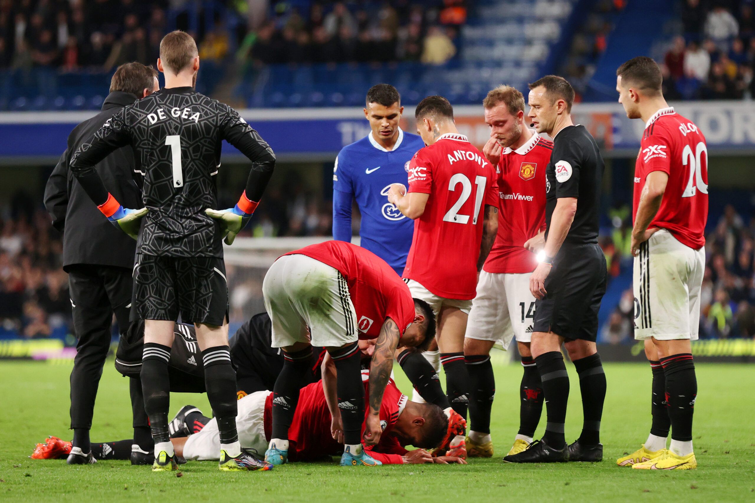 Man Utd's Raphael Varane was in tears after getting injured vs Chelsea