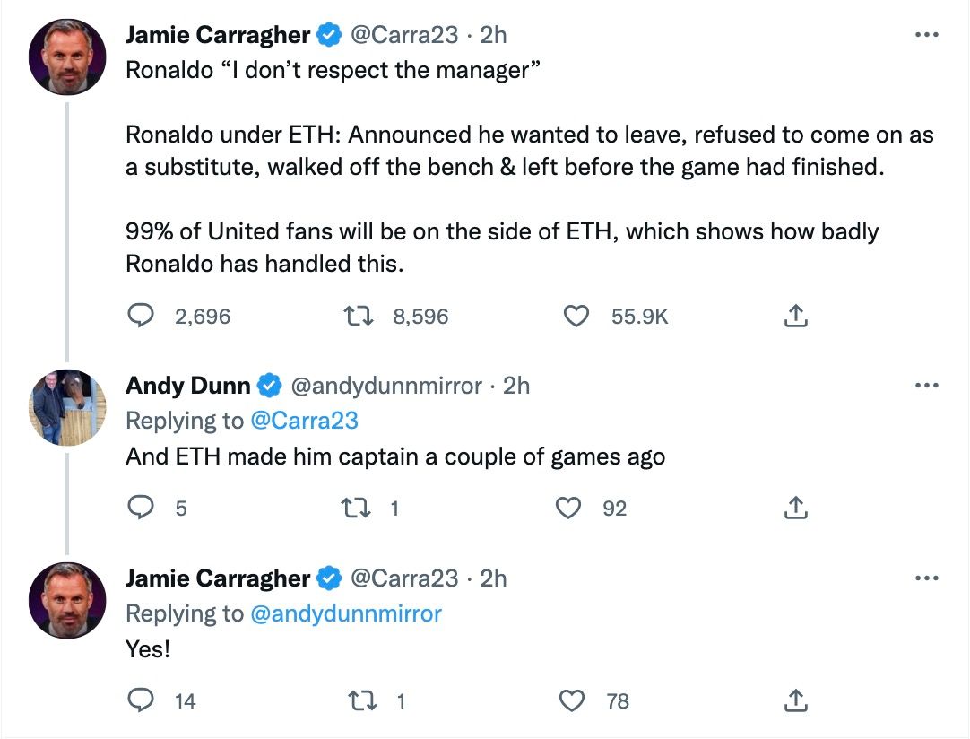 Jamie Carragher's tweet about Ronaldo after explosive interview