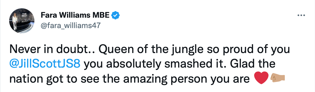 Jill Scott's I'm a Celeb win celebrated by sports stars