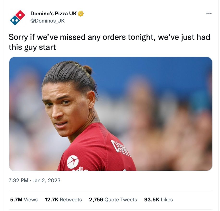 Liverpool: Domino’s Pizza tweet about Darwin Nunez sparks backlash