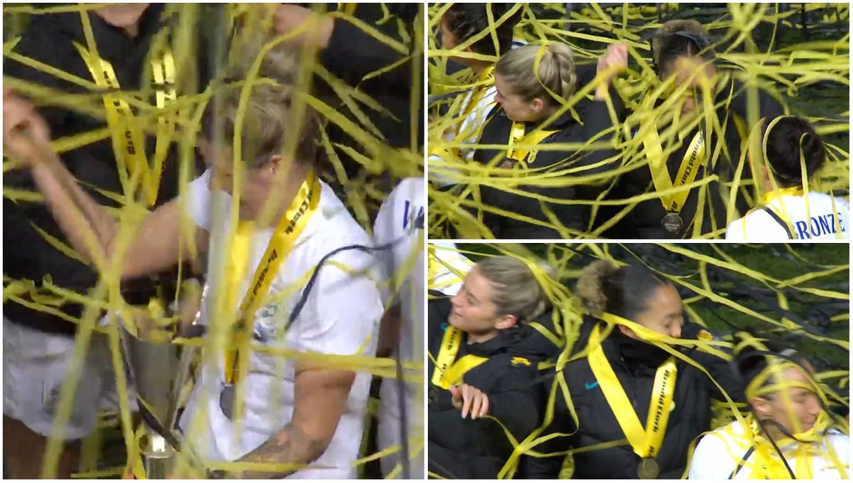 Arnold Clark Cup: England covered in paper streamers during trophy lift
