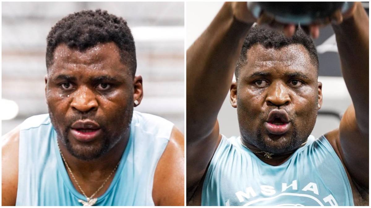 Francis Ngannou shows off his huge arm muscles after leaving the UFC