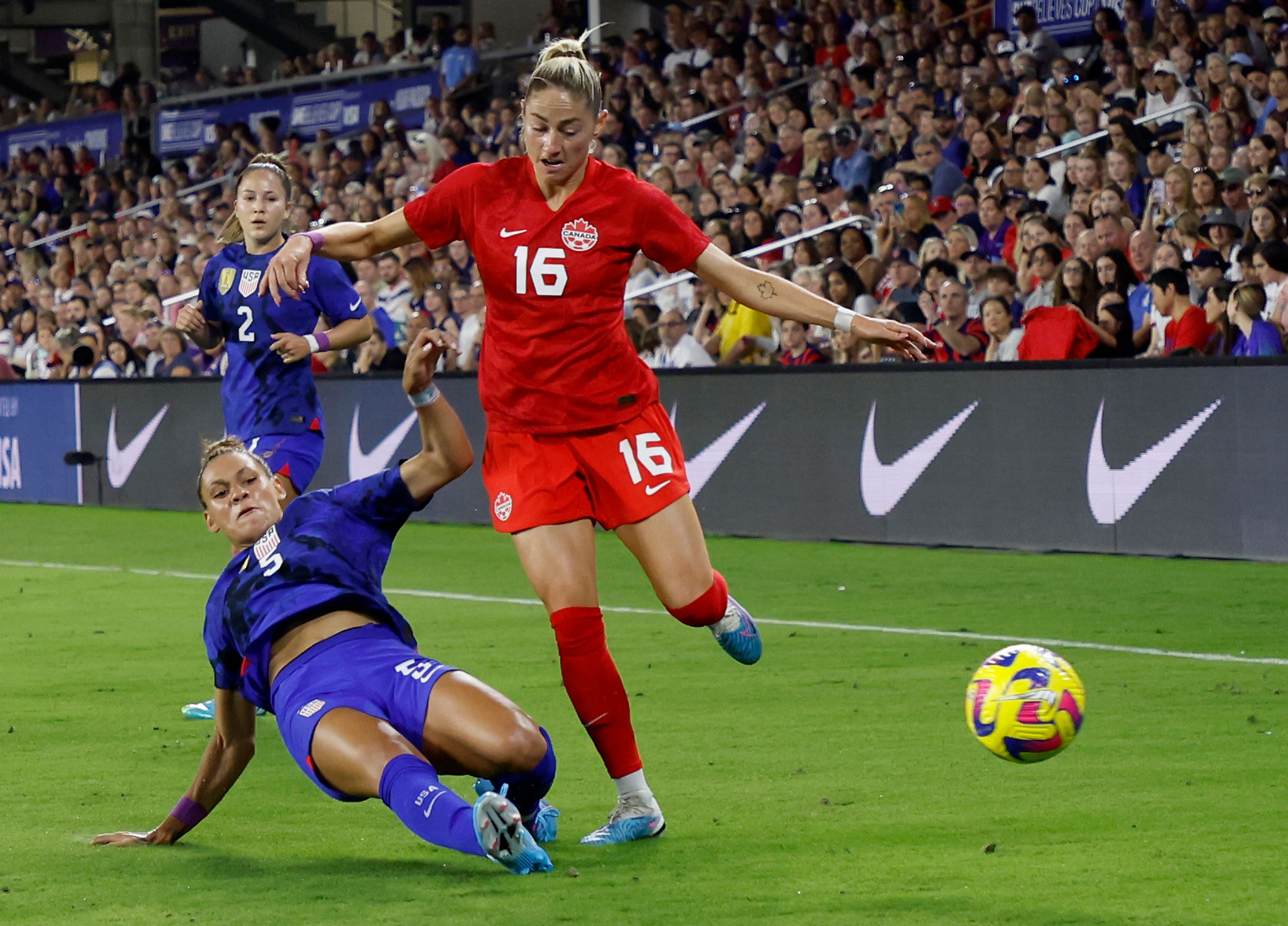 Canada: Janine Beckie's response after being nutmegged on her 100th cap