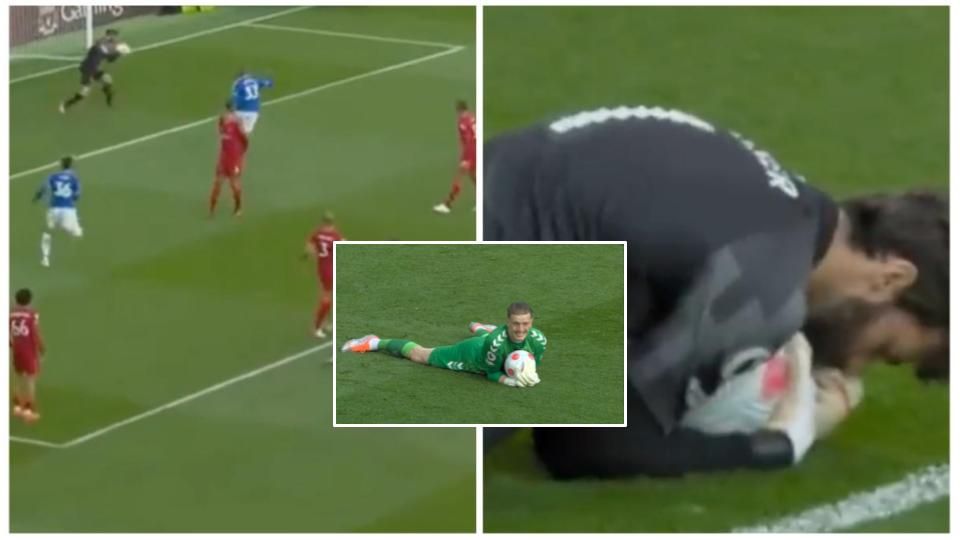 Liverpool vs Everton: Alisson mocking Jordan Pickford during 2022 derby ...