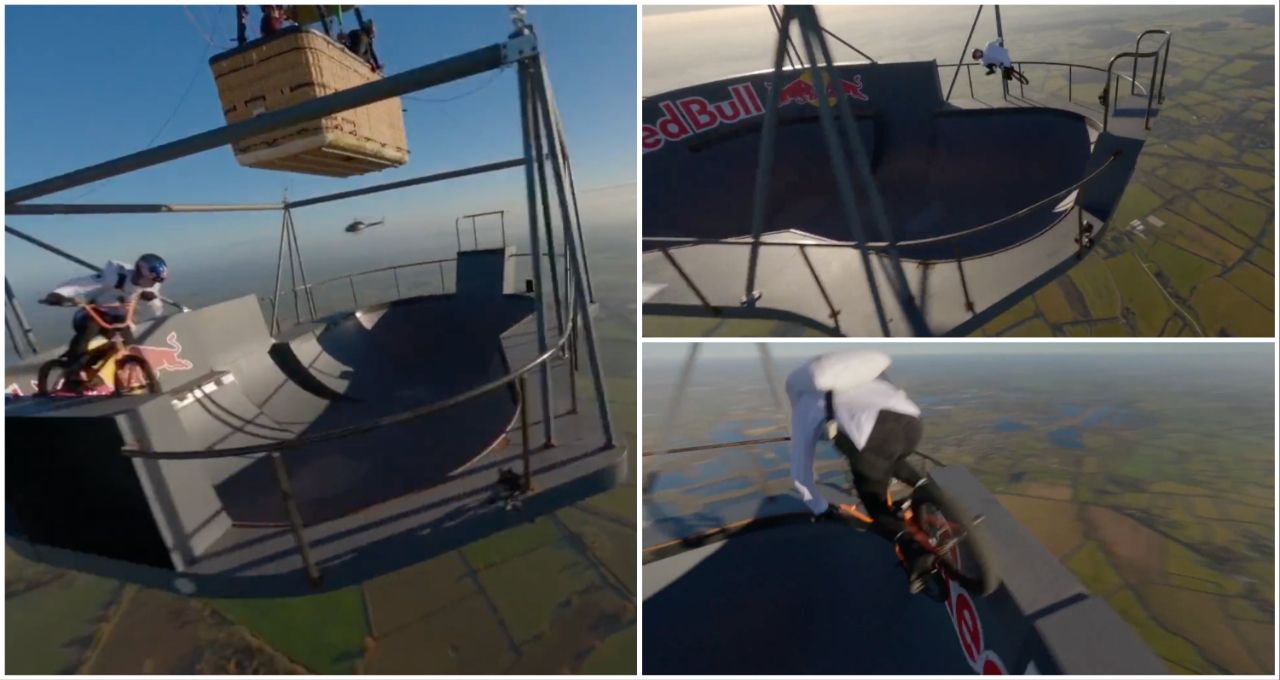 Red Bull put skate park 2,000ft in the sky & get biker to ride around it