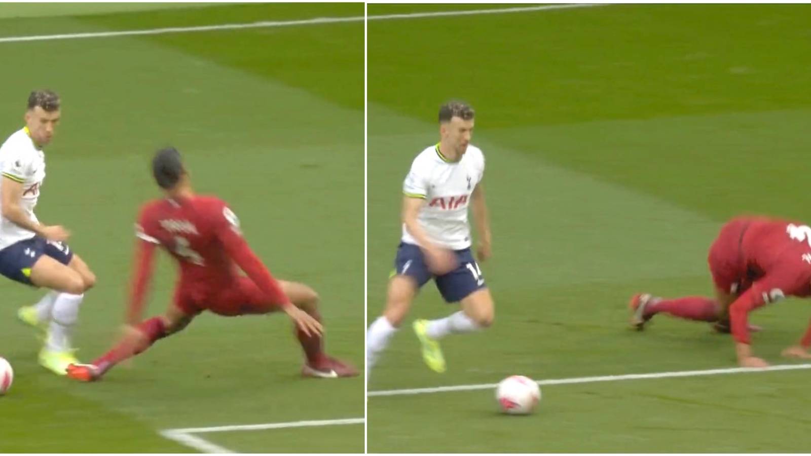 Virgil van Dijk embarrassed by Ivan Perisic during Liverpool vs Tottenham