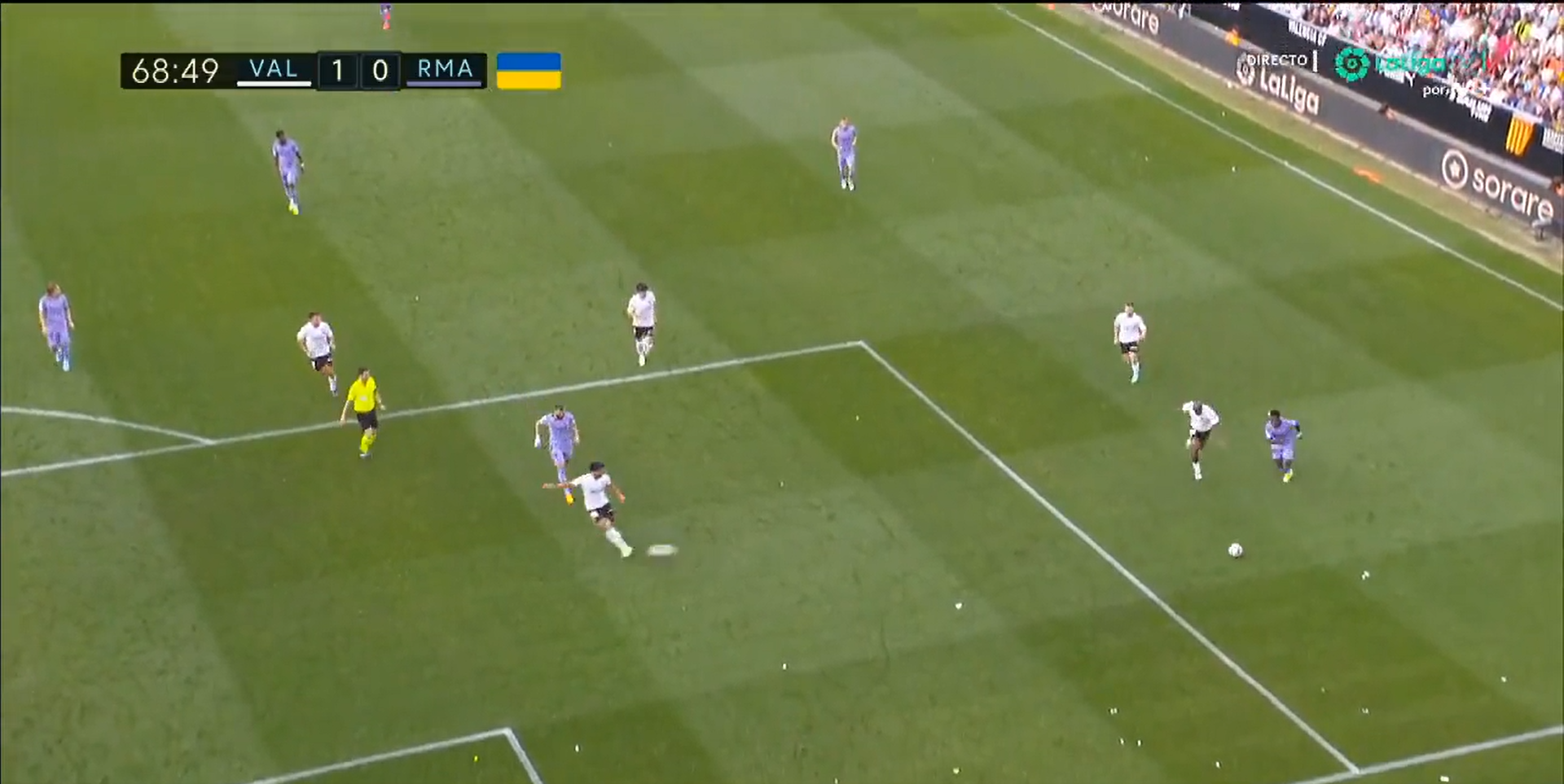 Vinicius Jr floored as Eray Comert passes extra ball to him during Valencia v Real