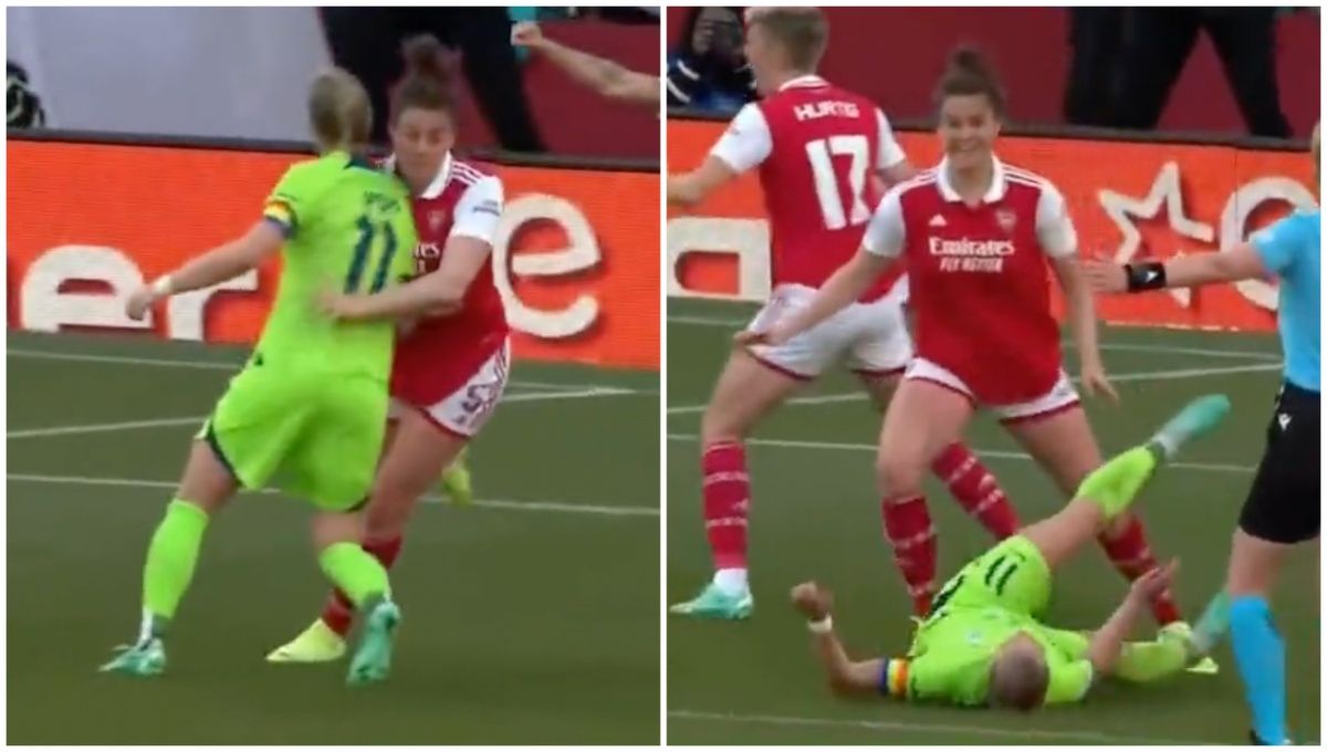 Arsenal's Jen Beattie body slammed Wolfsburg's Alex Popp during goal ...