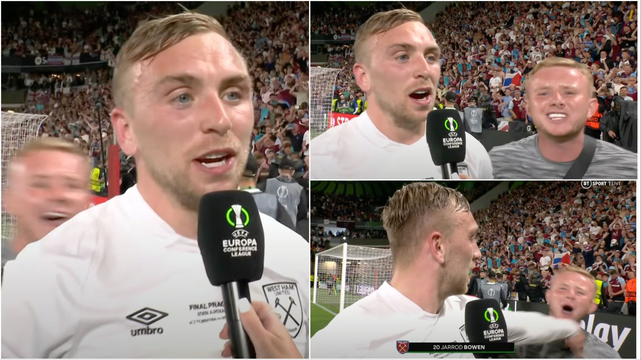 Jarrod Bowen pushes West Ham fan during interview after Conference League win